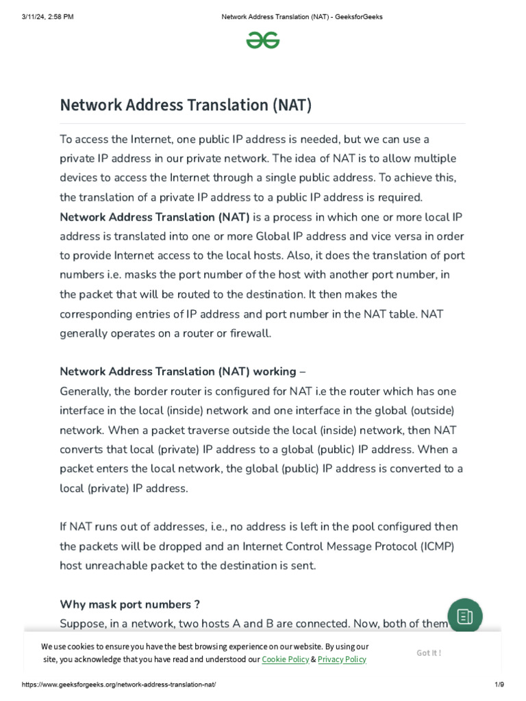 Network Address Translation (NAT) - GeeksforGeeks | PDF | Internet Protocols | Ip Address