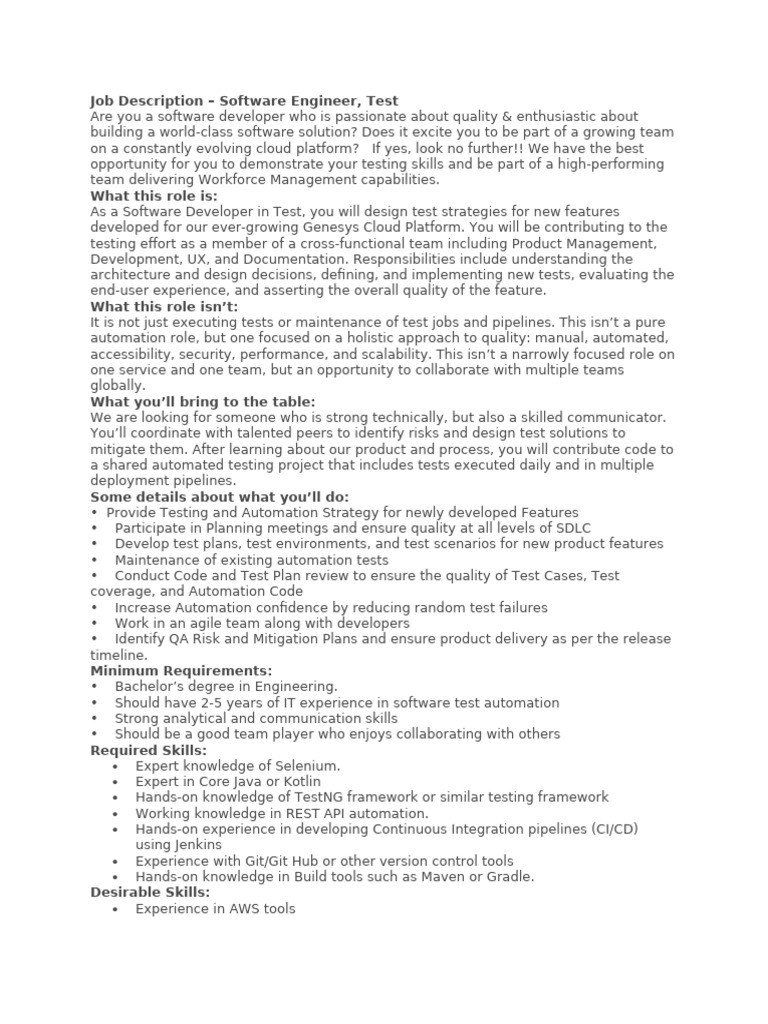 Software Engineer in Test Overview | PDF | Software Testing | Software ...