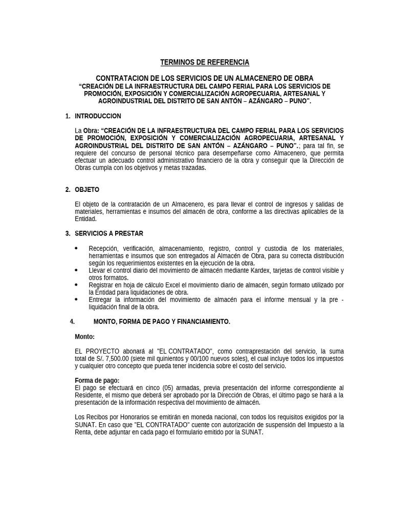 TDR Almacenero de Obra | PDF