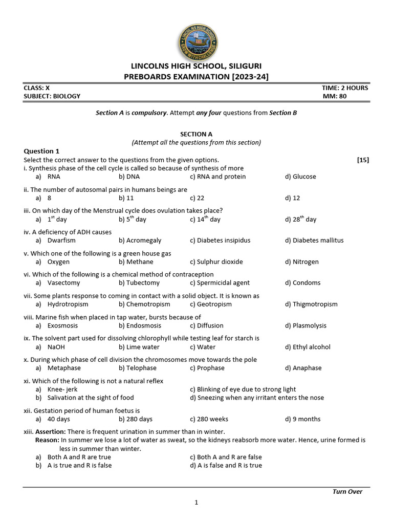 Class X Biology Preboard Exam 2023-24 | PDF | Adrenal Gland | Kidney