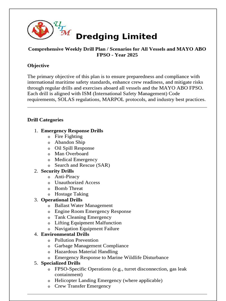 Weekly Drill Plan and Scenarios For UTMl Vessels and MAYO ABO FPSO ...