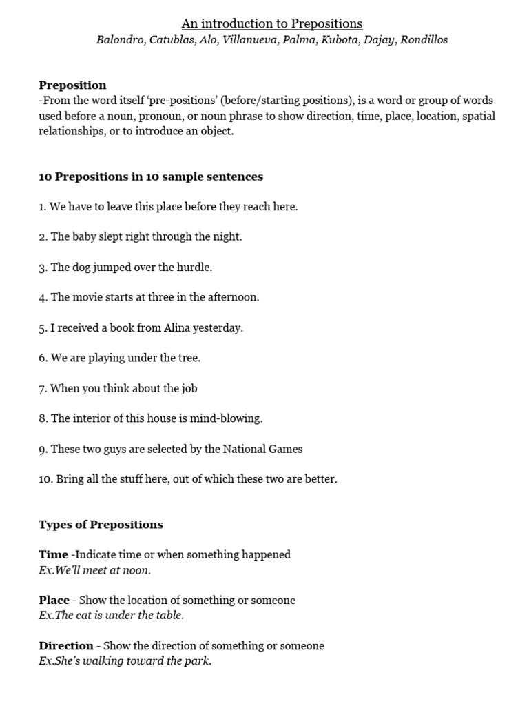 An Introduction To Prepositions | PDF | Preposition And Postposition ...
