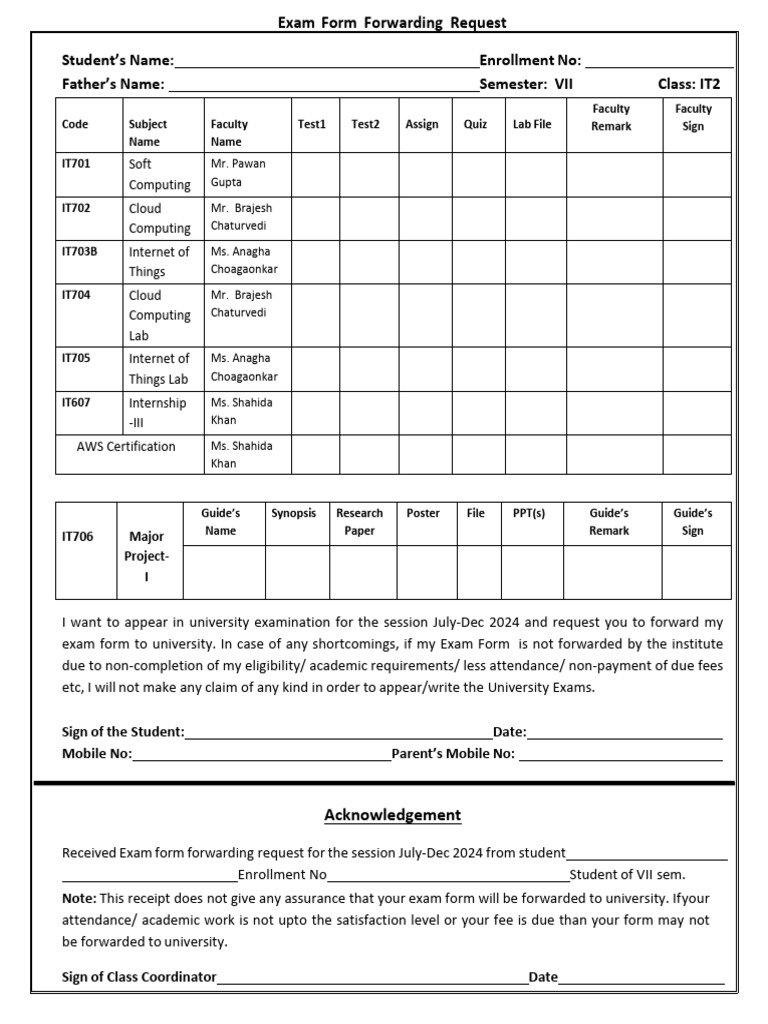 Exam Form Forwarding Request IT2 VII Sem KS2 | PDF