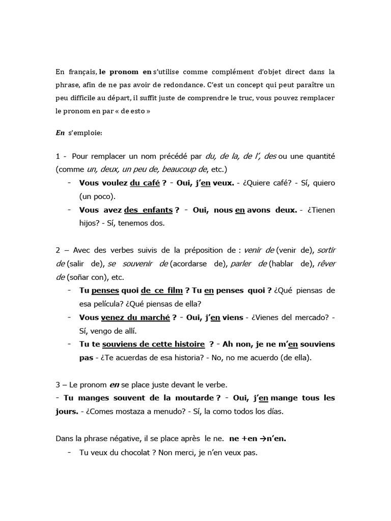 Utilisation du pronom "en" en français | PDF