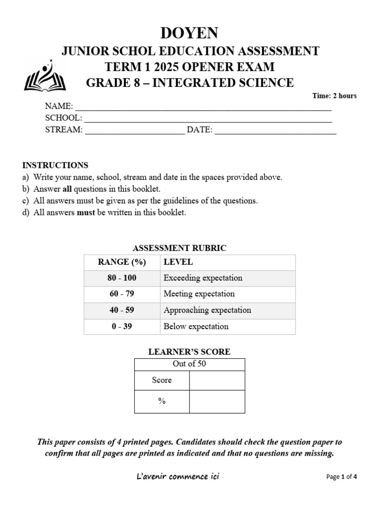 Grade 8 Integrated Science Term 1 2025 Opener Exam | PDF | Ph | Acid