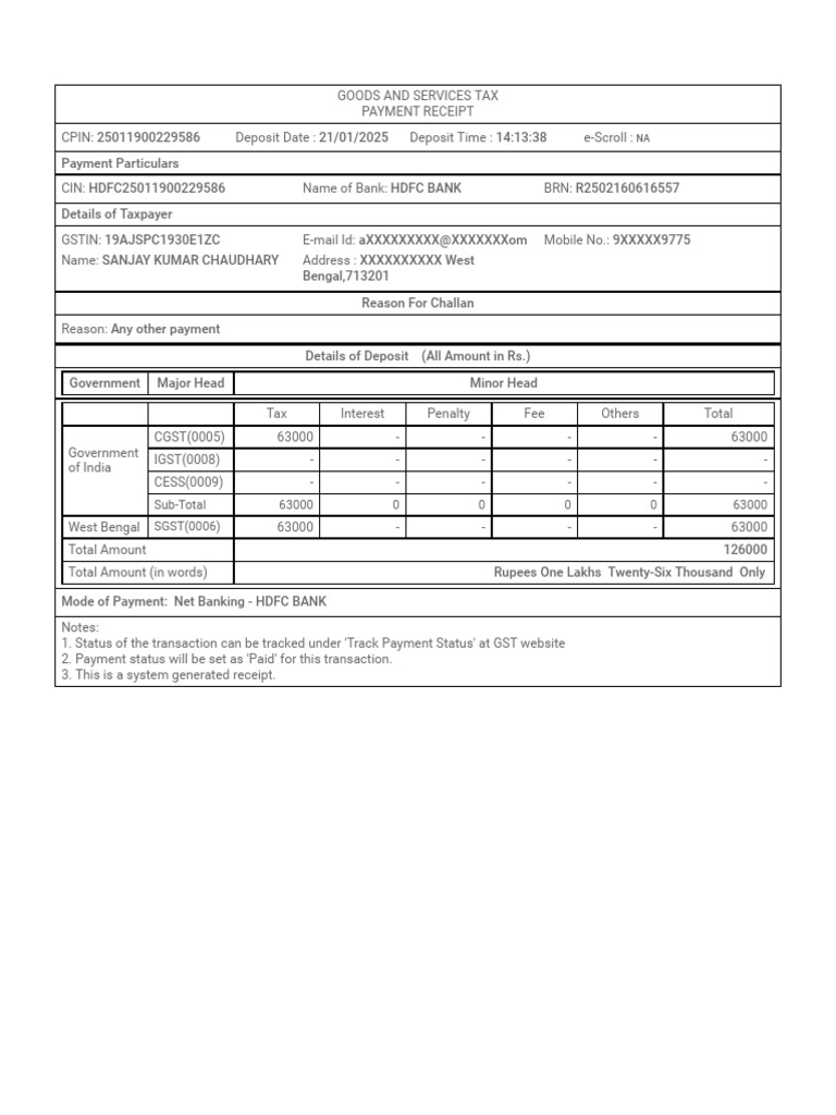GST Payment Receipt for Taxpayers | PDF