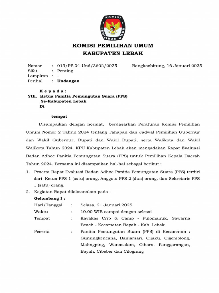 Surat Undangan Evaluasi Badan Adhoc PPS-2 | PDF