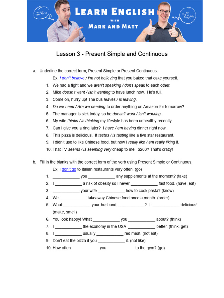 Lesson+#3+-+(Worksheet)+Present+Simple+vs.+Present+Continuous | PDF