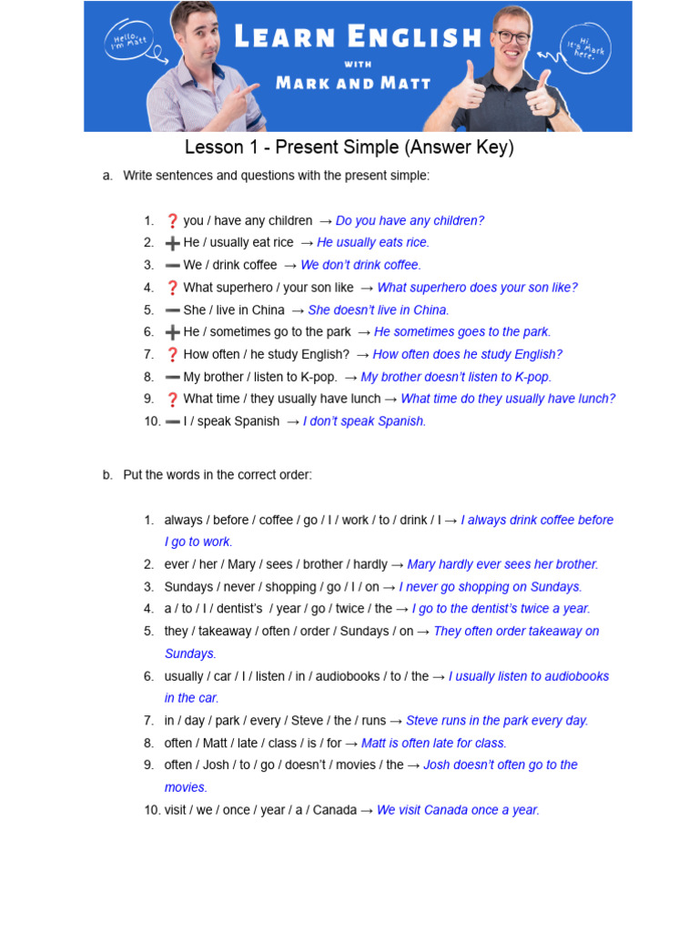 Lesson #1 - (Answer Key) Present Simple | PDF
