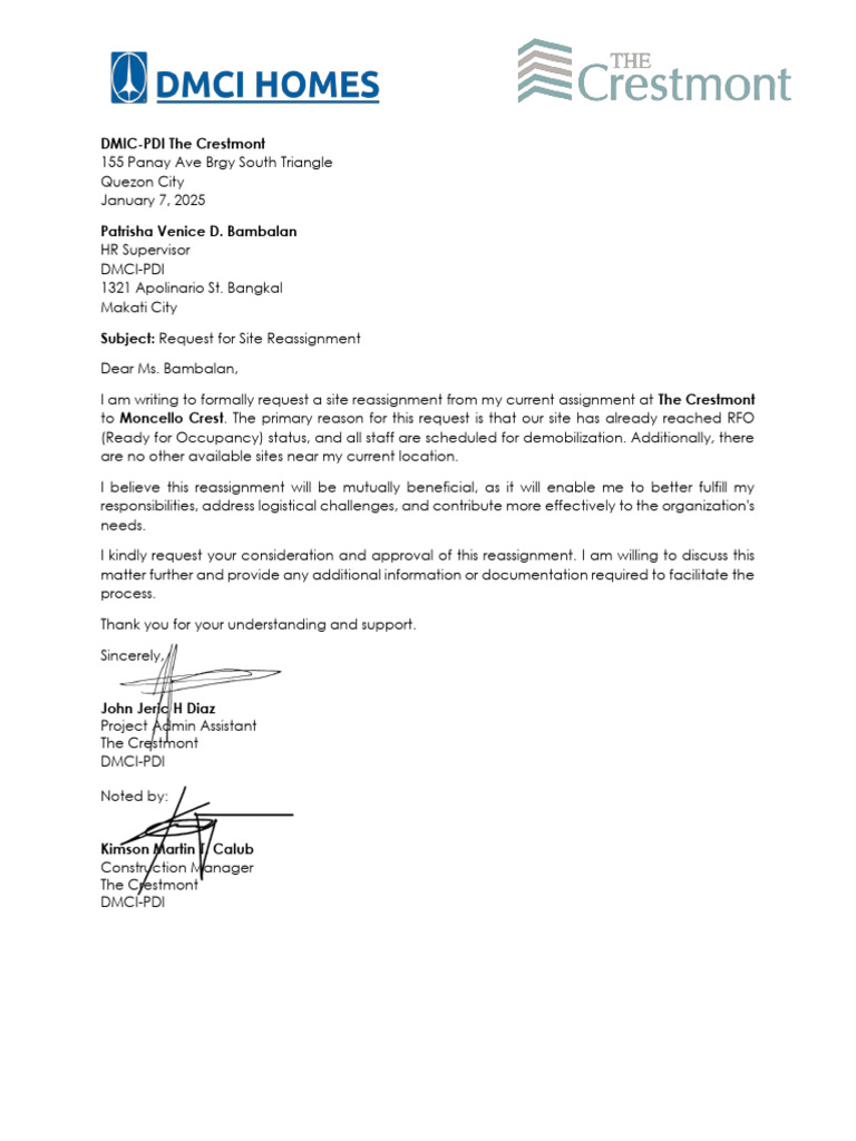 Request For Site Reassignment | PDF