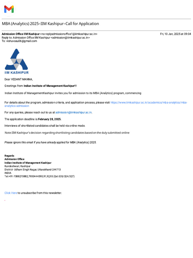 Gmail - MBA (Analytics) 2025 – IIM Kashipur – Information Brochure | PDF