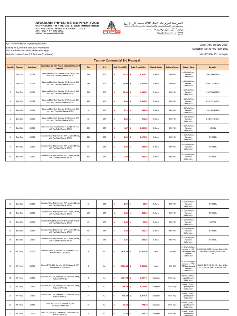 APS-RDM-1069 - Techno - Commercial Bid Proposal | PDF | Screw | Pipe ...
