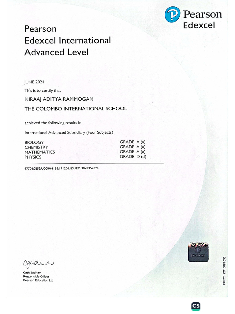 Edexcel as Level Results Certificate | PDF