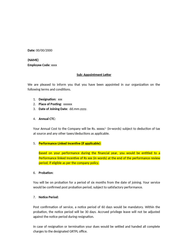 Appointment Letter for New Employee | PDF | Confidentiality | Tax Deduction