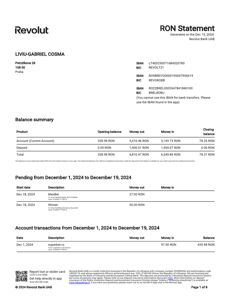 Revolut Bank Statement Summary | PDF | Banks | Personal Finance