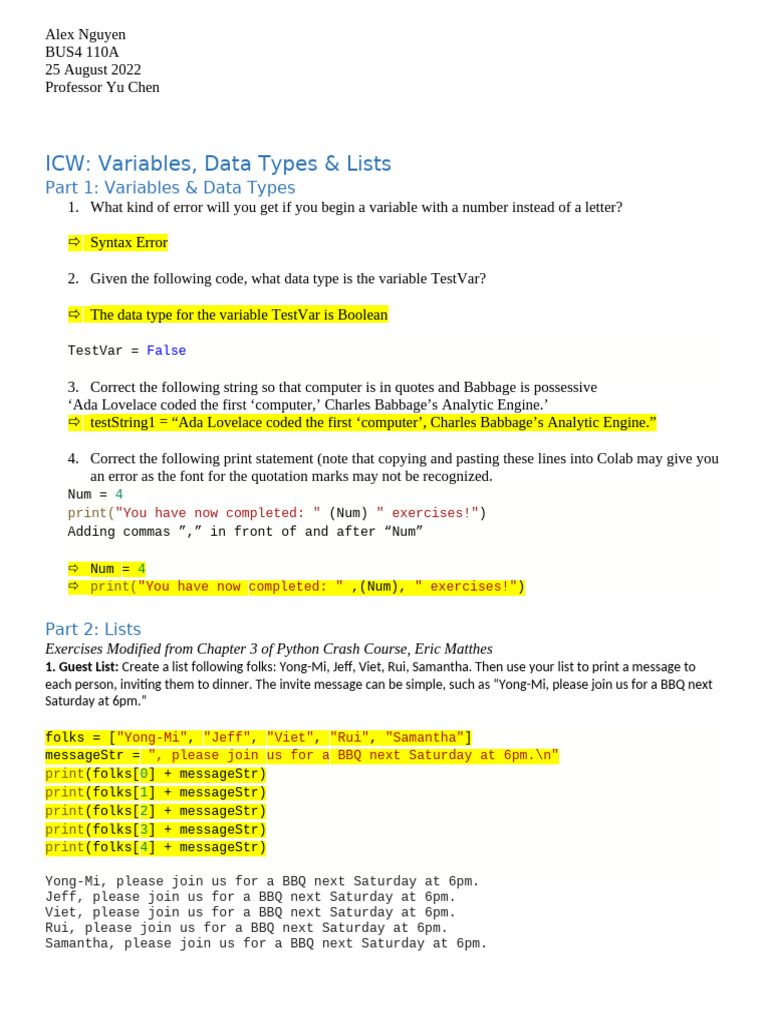 ICW Variables, Data Types & Lists Alex Nguyen | PDF | Data Type ...