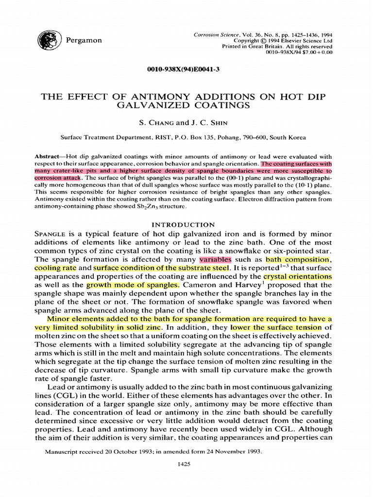 Antimony's Impact on Galvanized Coatings | PDF | Corrosion | Materials Science