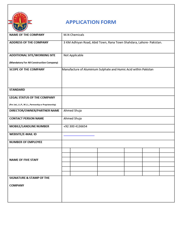 M.N Chemicals Company Application Form | PDF