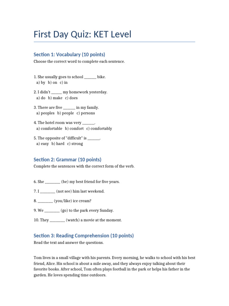 KET Level First Day Quiz | PDF