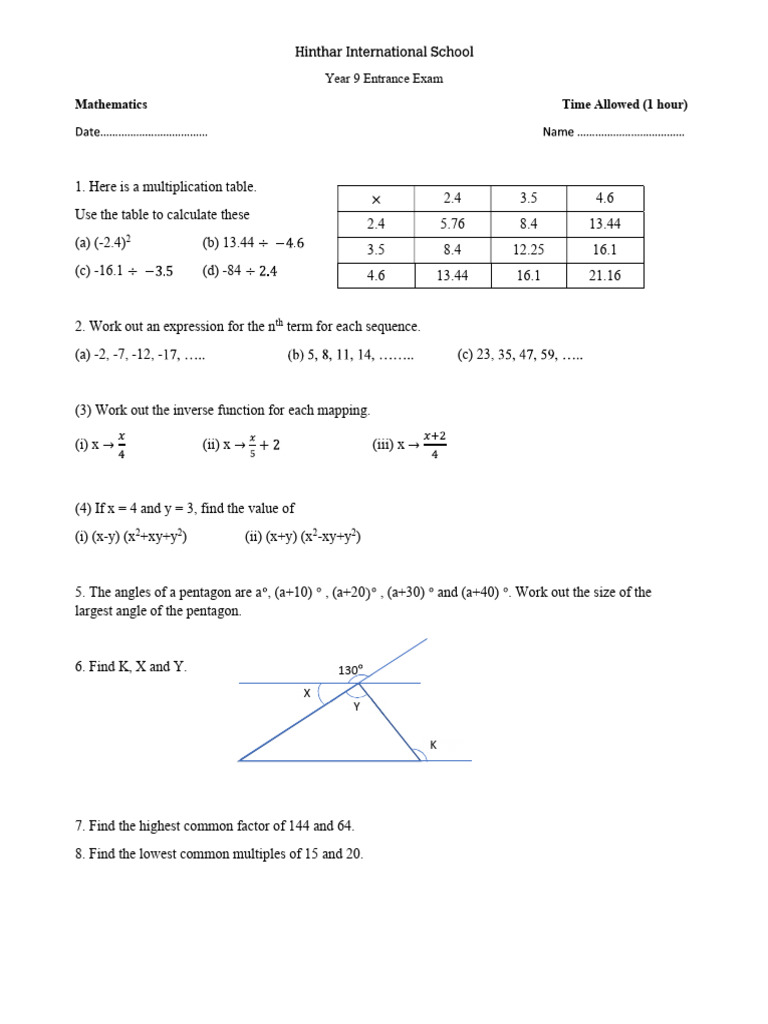 Year 9 Math Entrance Question | PDF | Geometry | Mathematics