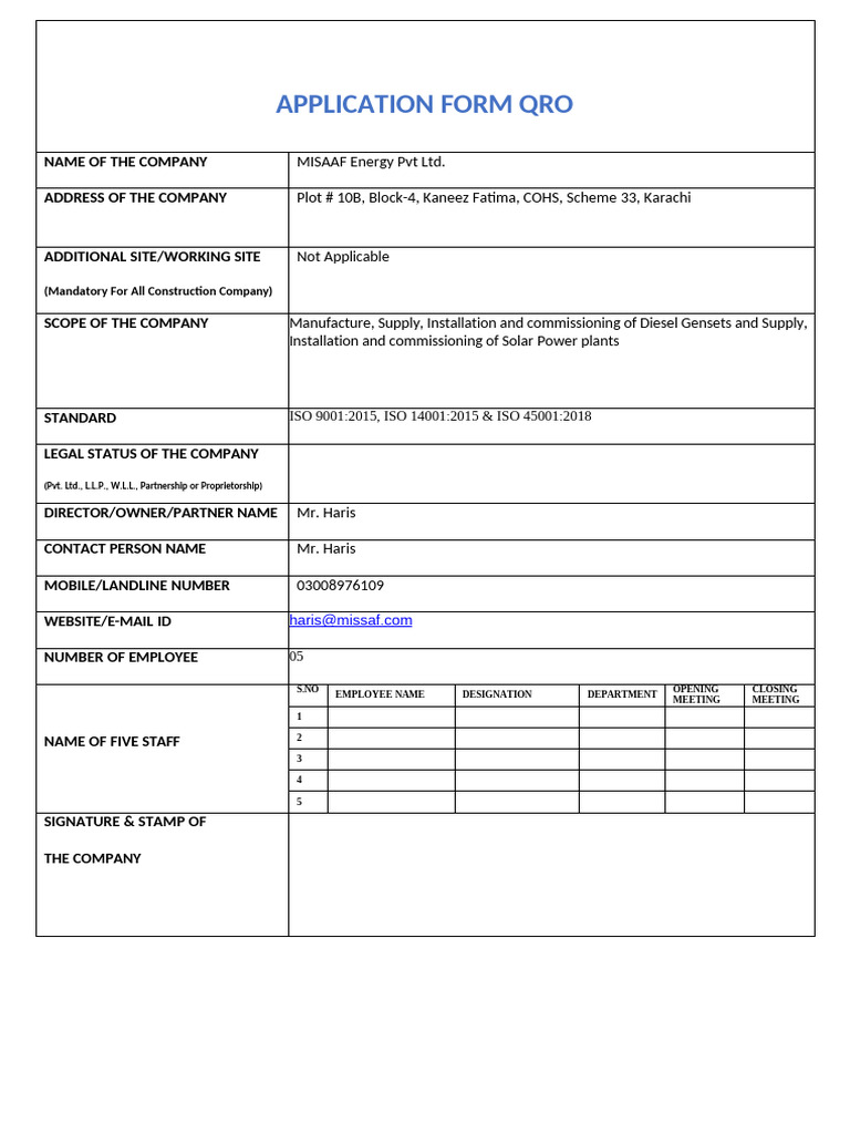 Application Form MISAAF Energy Pvt Ltd. QRO | PDF