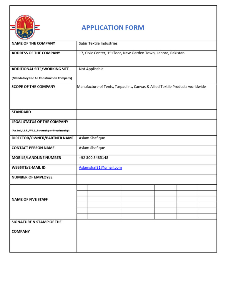 Application Form Sabir Textile Industries Americano 9001 | PDF