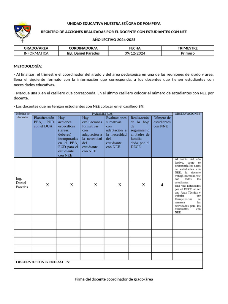 1 - Plantilla de Seguimiento de Docentes Con Estudiantes Con NEE PRIMER ...
