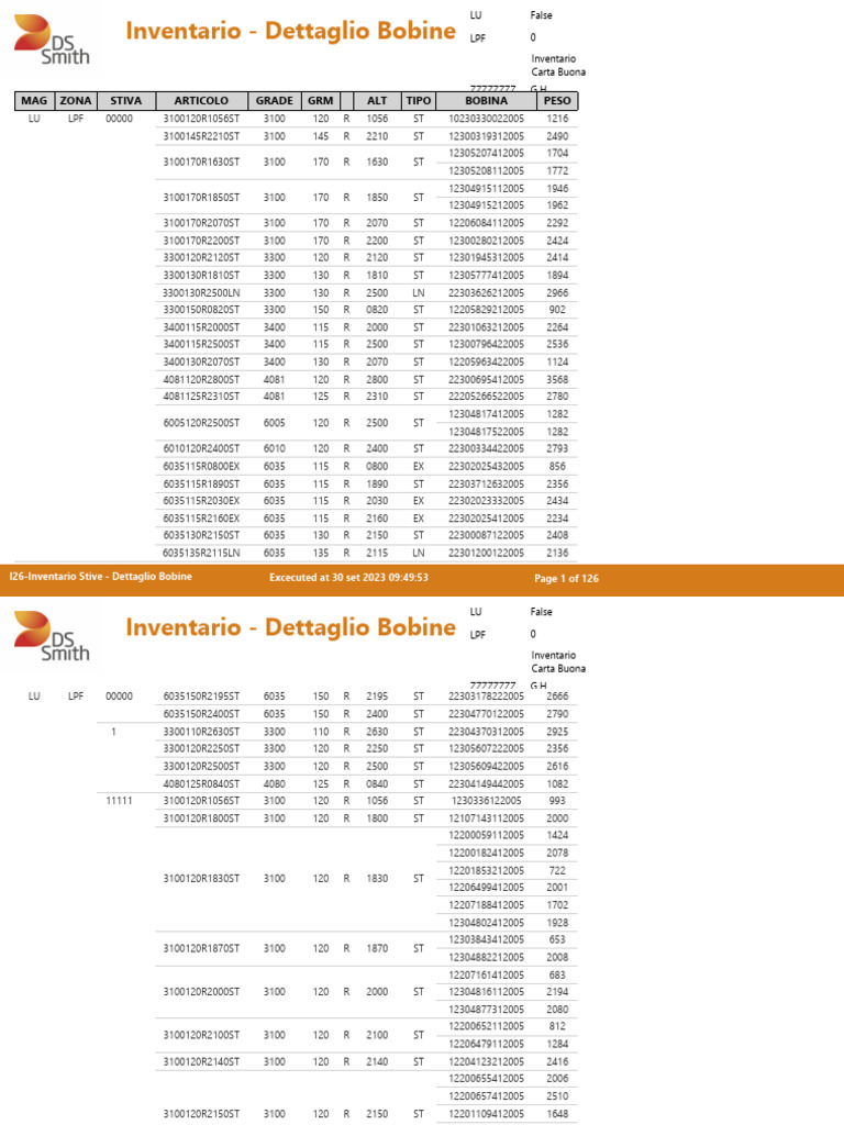 I26-Inventario Stive - Dettaglio Bobine | PDF