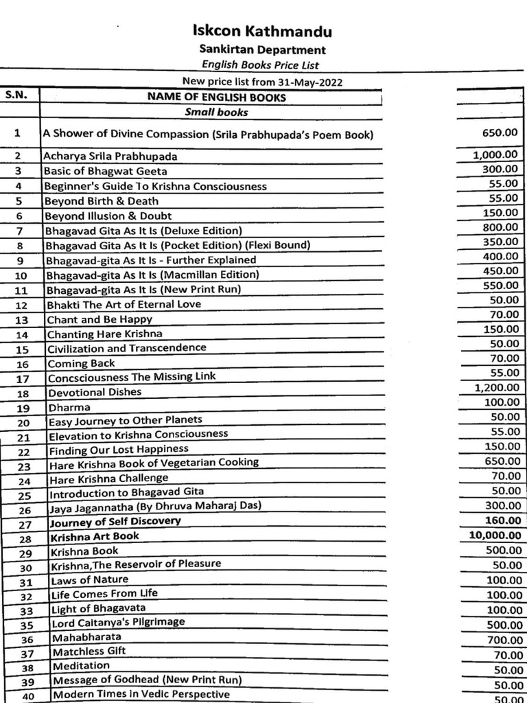 Price List of Iskcon Books. | PDF | Bhagavata Purana | Bhagavad Gita