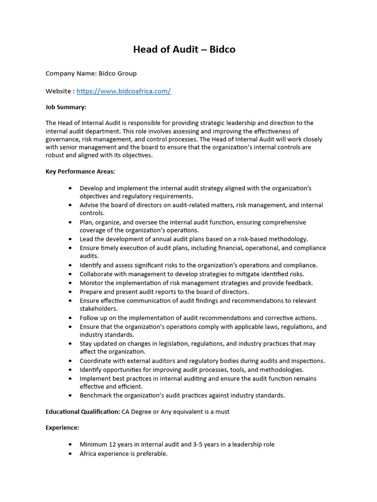 Head of Internal Audit at Bidco Group | PDF | Internal Audit | Audit