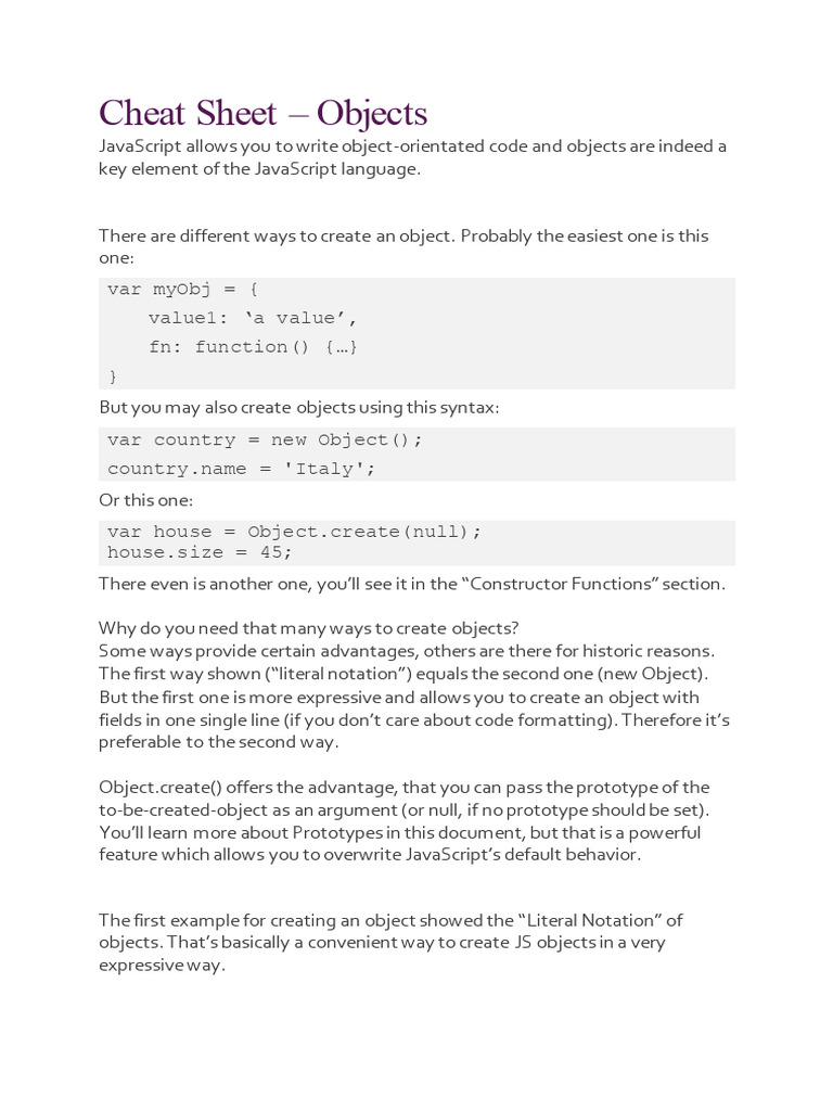 Objects Cheat Sheet | PDF | Java Script | Constructor (Object Oriented ...