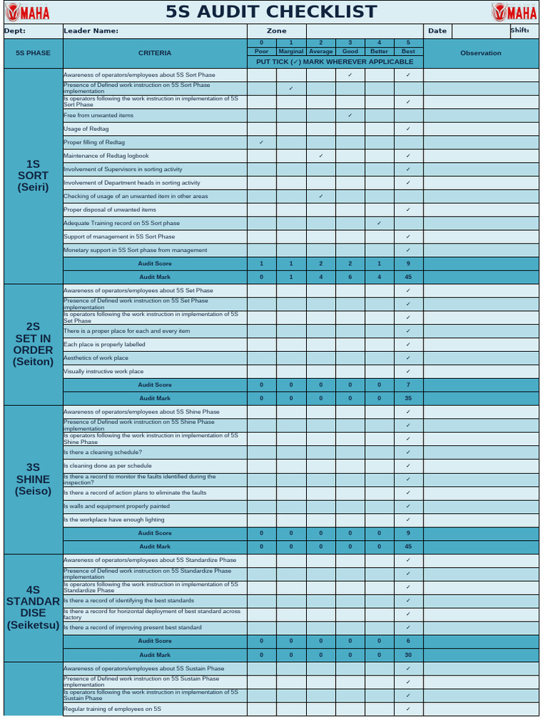 5S Audit Checklist for Workplace Efficiency | PDF