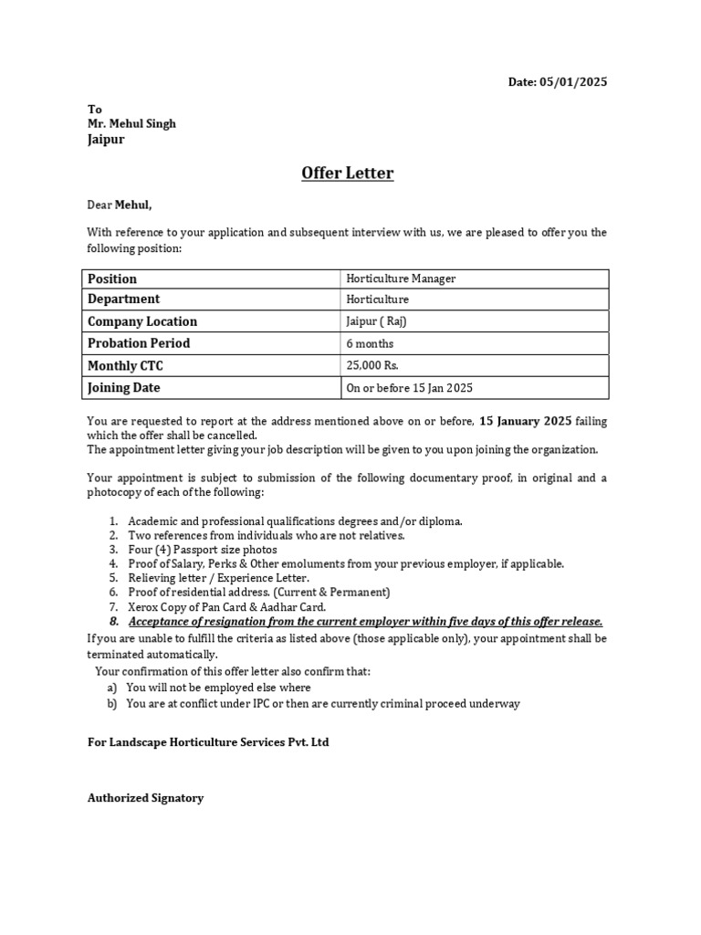 Mehul Singh Offer Letter | PDF