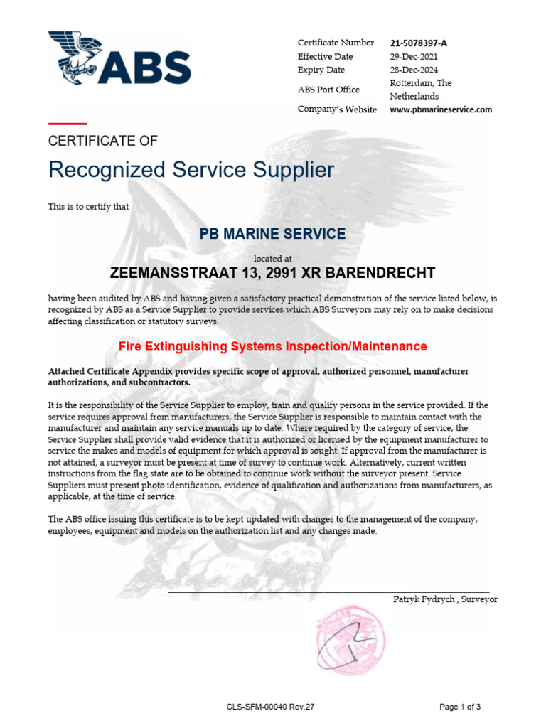 ABS Certificate PB Marine - FiFi | PDF | Indemnity | Arbitral Tribunal