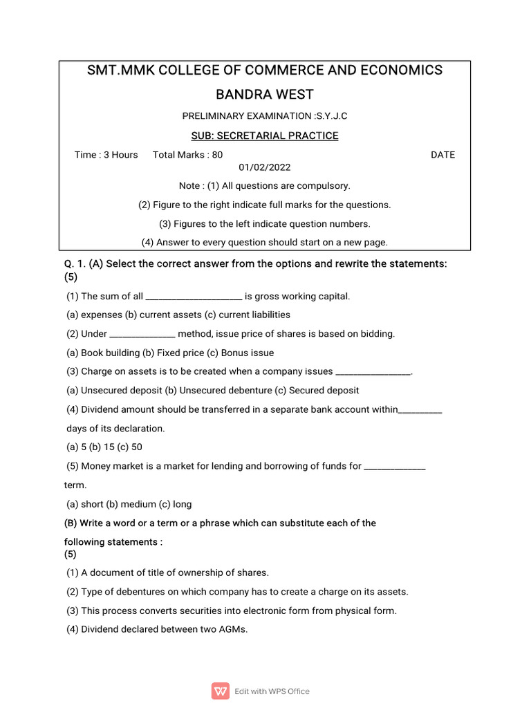 S.Y.J.C Secretarial Practice Exam 2022 | PDF