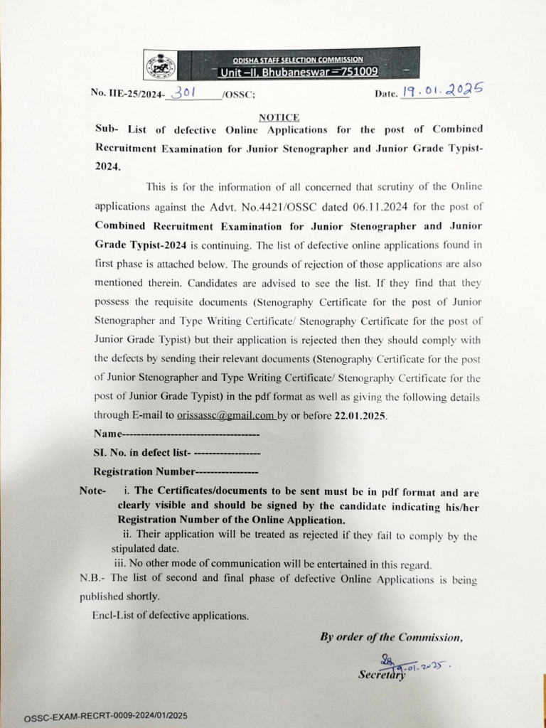 Reject List of Junior Stenographer-2024 | PDF