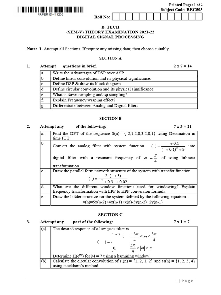 B.Tech DSP Exam Paper | PDF | Digital Signal Processing | Filter (Signal Processing)