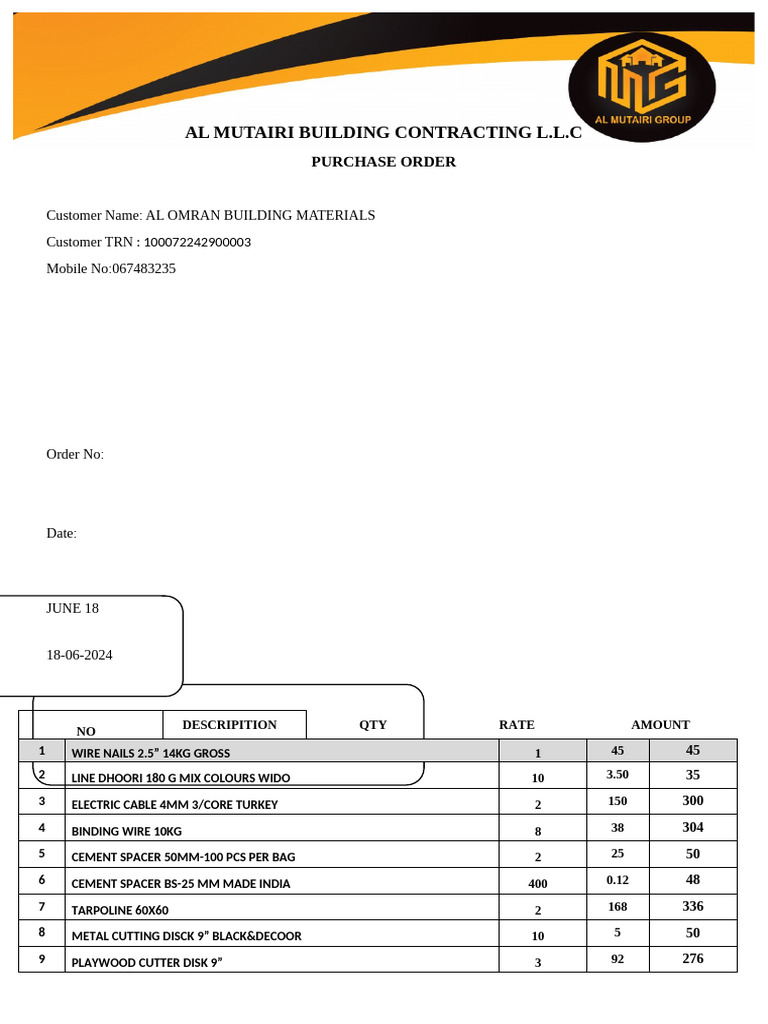 Al Mutairi Building Contracting L.L.C: Purchase Order | PDF