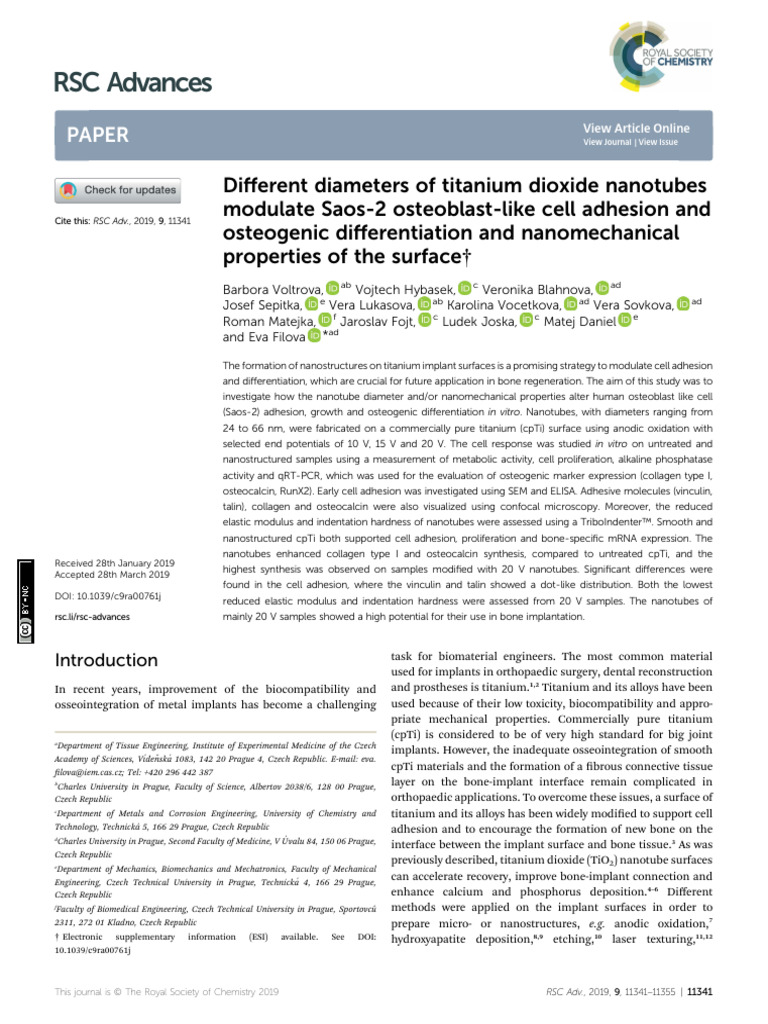 Different Diameters of Titanium Dioxide Nanotubes Modulate Saos-2 Osteoblast-Like Cell Adhesion ...