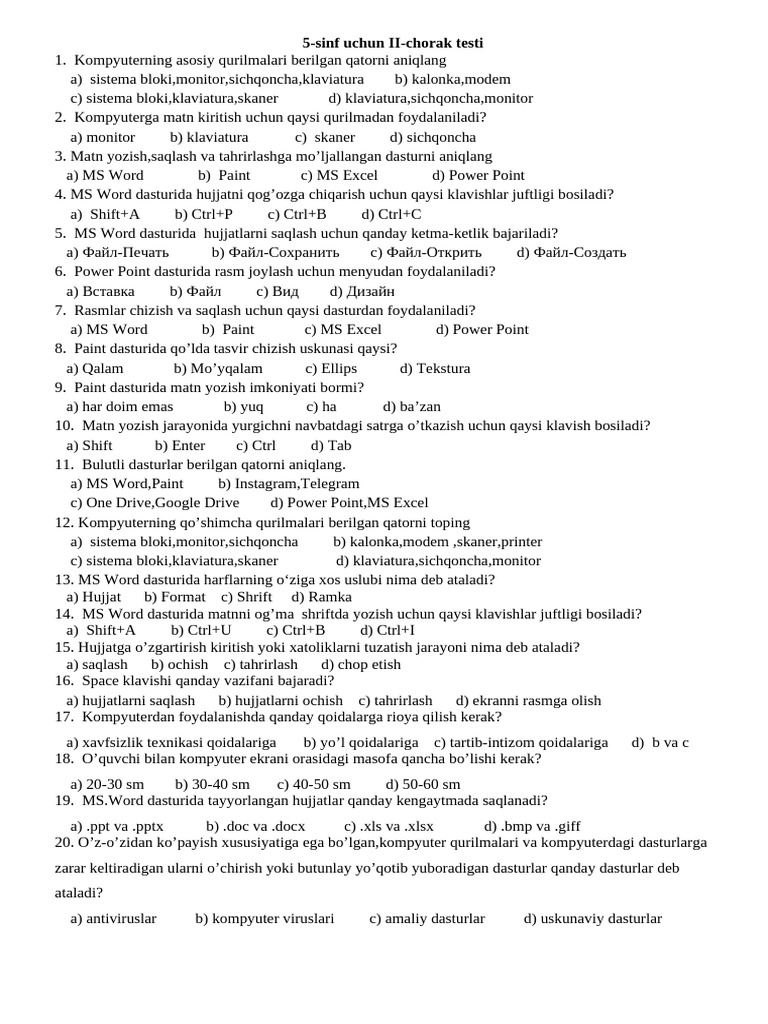 5-8 Sinflar Uchun 2 - Chorak Testlari | PDF