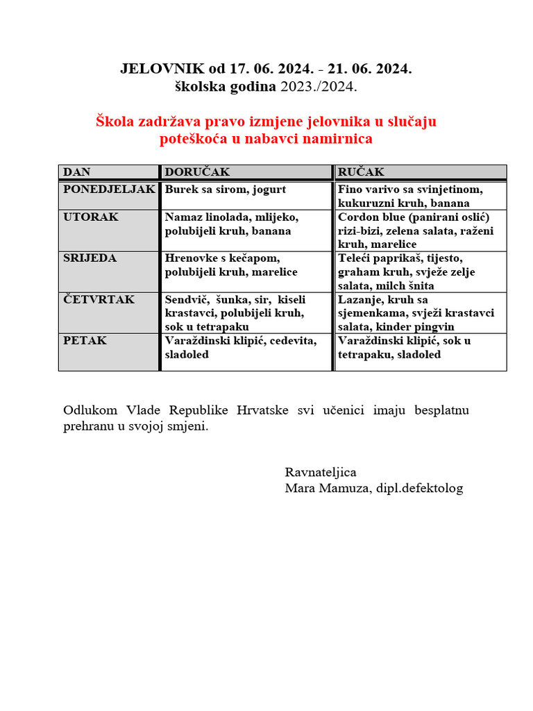 JELOVNIK 17 6 Do 21 6 2024 | PDF