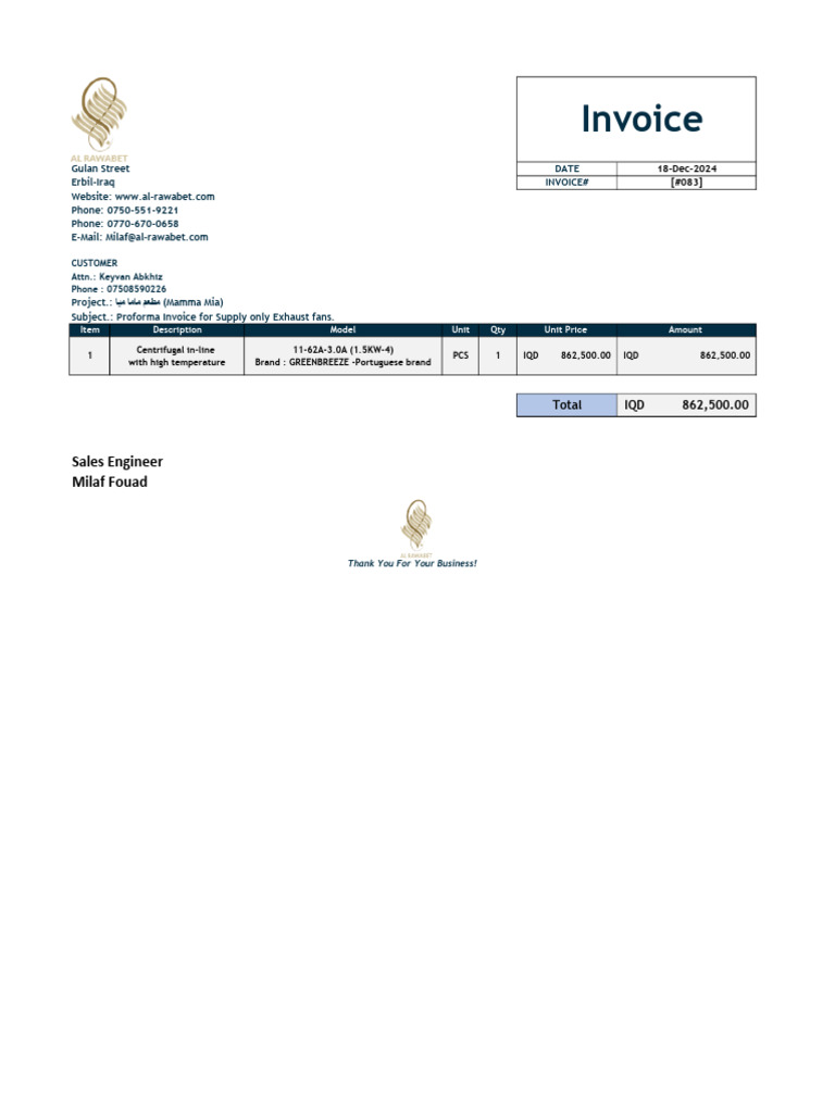 Proforma Invoice for Exhaust Fans | PDF