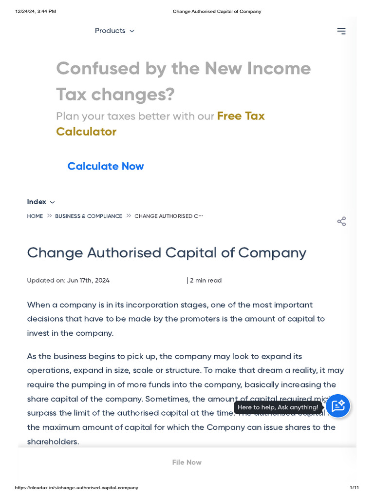 Change Authorised Capital of Company | PDF | Articles Of Association ...