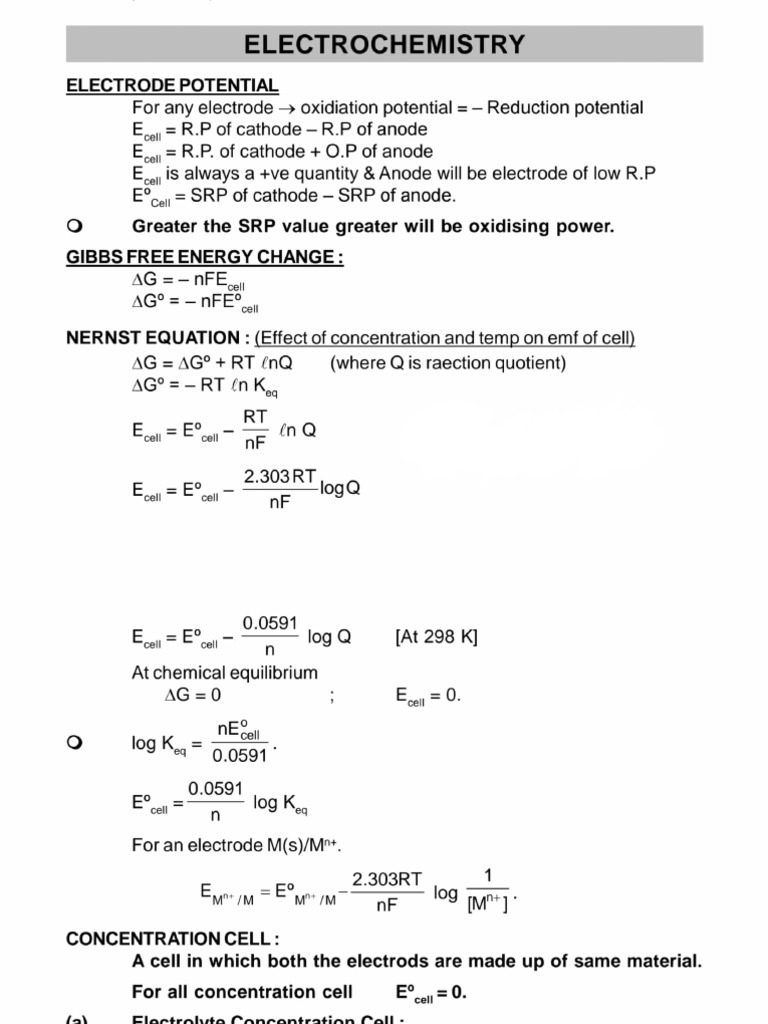 Electrochemistry FORMULA SHEET | PDF | Electrochemistry | Electrode