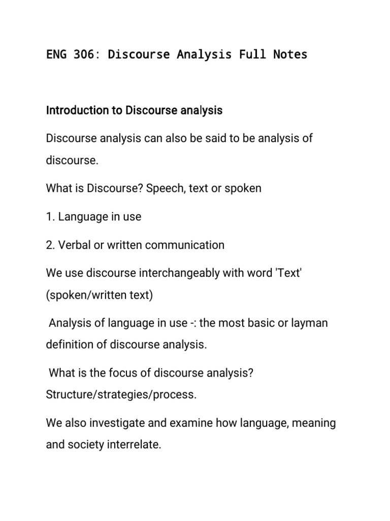ENG 306 Discourse Analysis Full Notes | PDF | Discourse | Linguistics