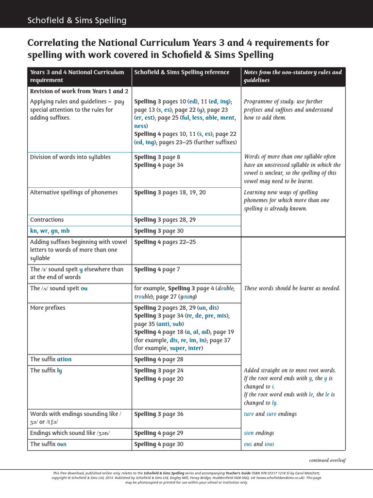Spelling National Curriculum Correlation Chart Years 3&4 | PDF ...
