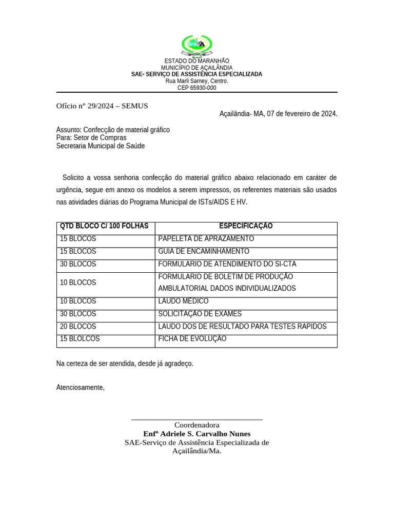 Oficio 02 2024 Pedido Material Grafico | PDF