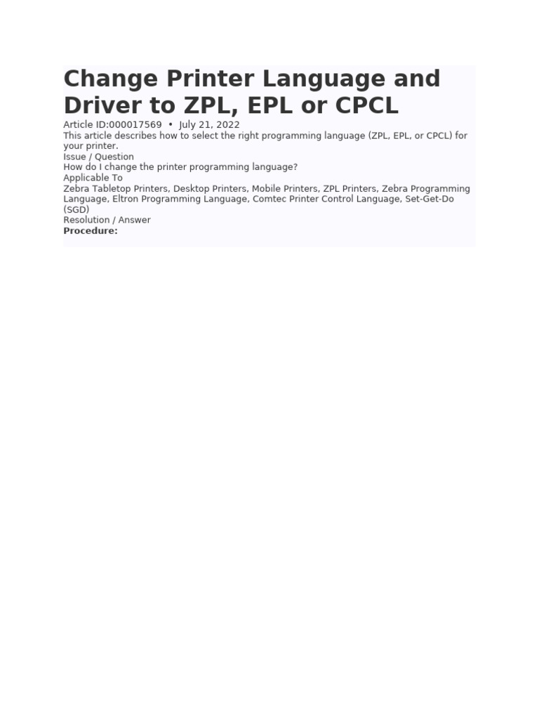 Change Printer Language and Driver To ZPL, EPL or CPCL: Procedure | PDF