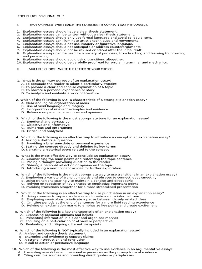 English 101 Quiz Semi-Final Explanation Essay | PDF | Essays | Sentence ...