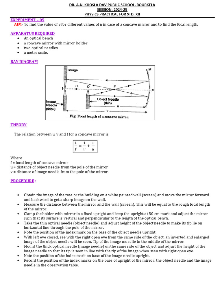 PHYSICS EXPERIMENT-05 (CONCAVE MIRROR) | PDF | Mirror | Optics